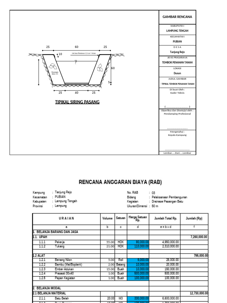 RAB Drainase Dusun 6 | PDF