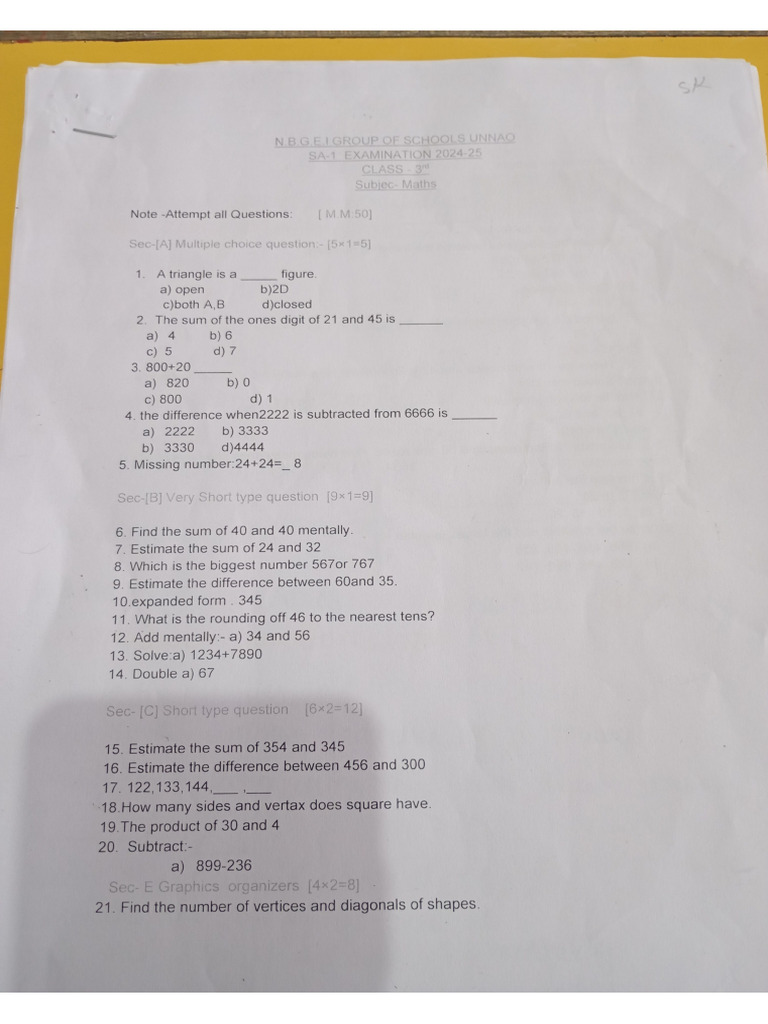 Class 3rd Maths Model Paper | PDF