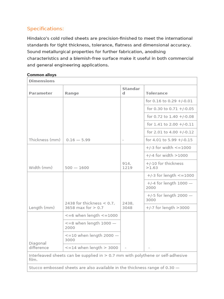 Specifications Al. Sheet Hindalco | PDF | Chemical Substances | Materials