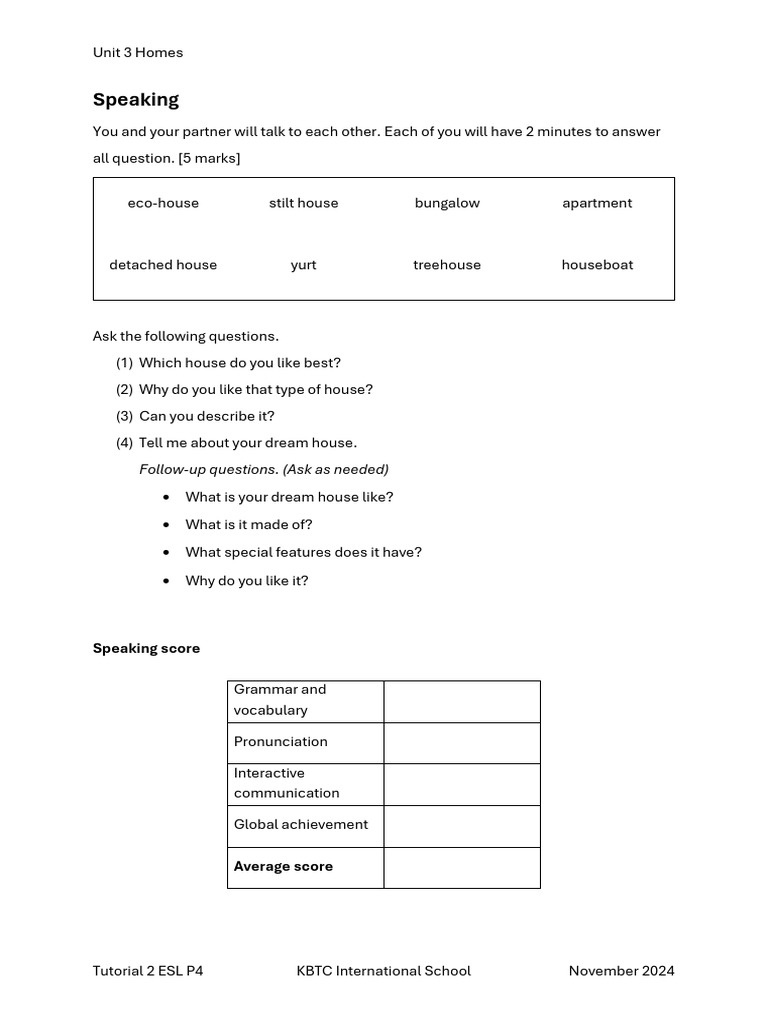 Speaking Questions ESL P4 | PDF