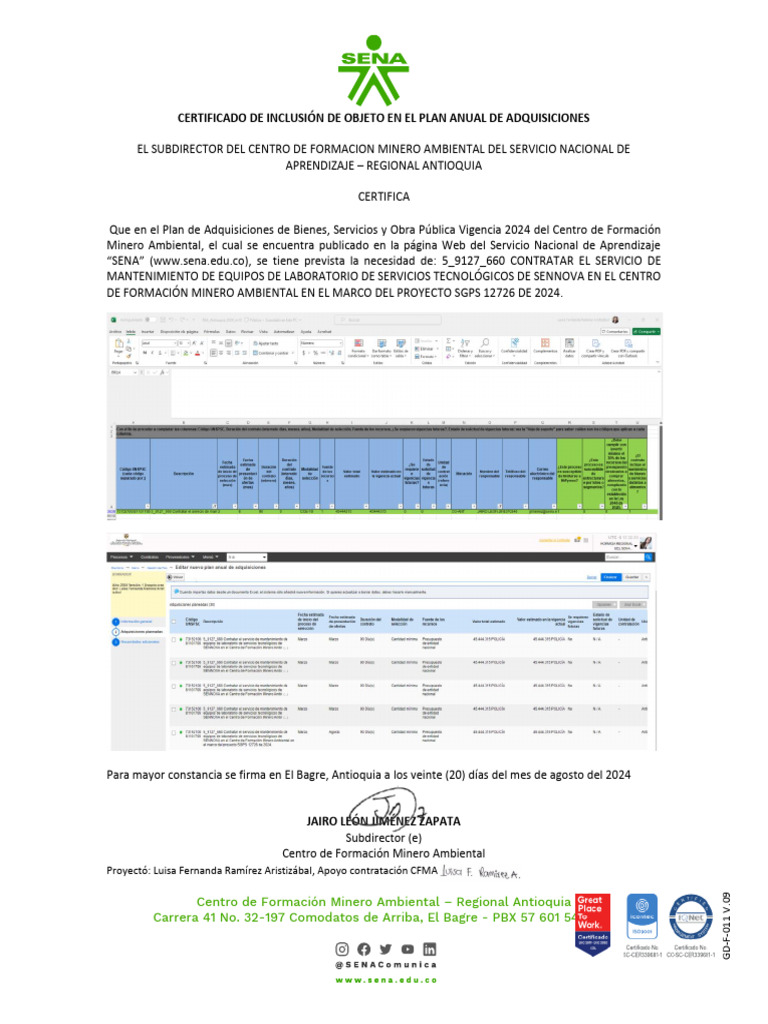Certificado Inclusion PAA MC-CFMA-9127-009-2024 | PDF