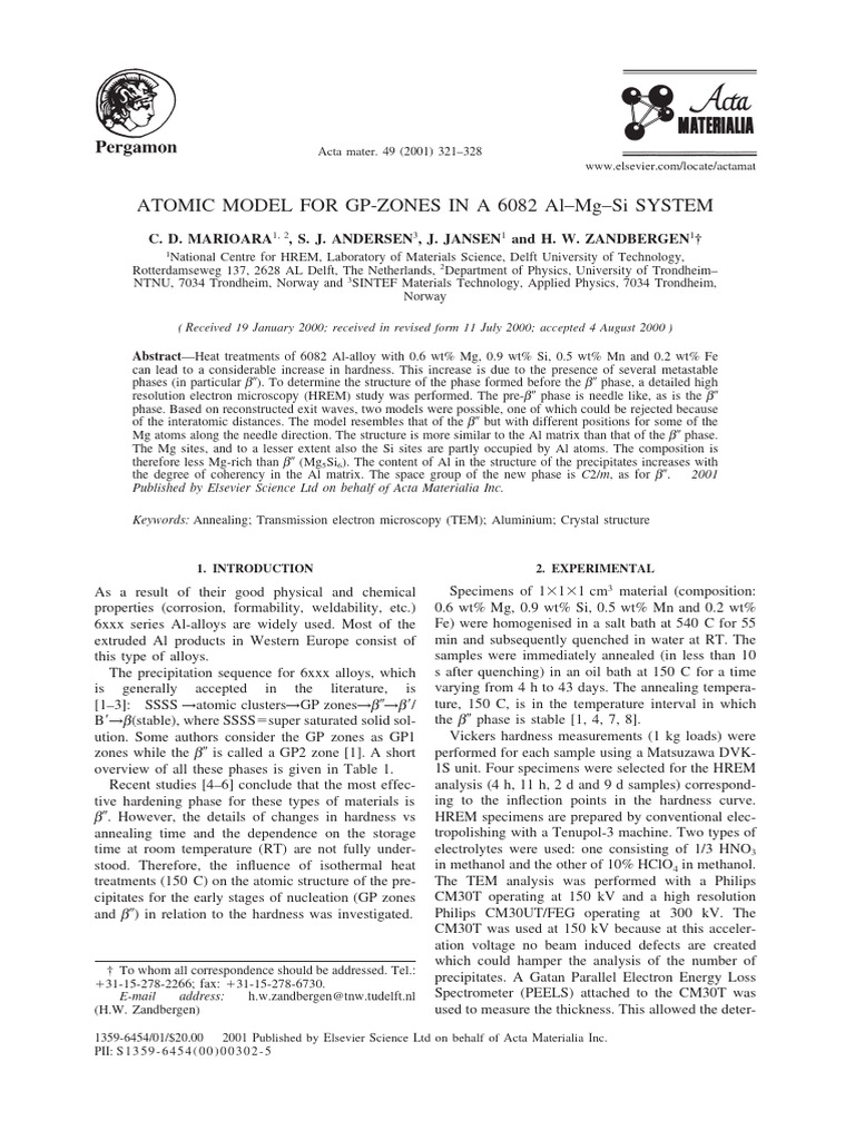 Atomic Model For GP Zones in A 6082 Al M | PDF | Transmission Electron ...