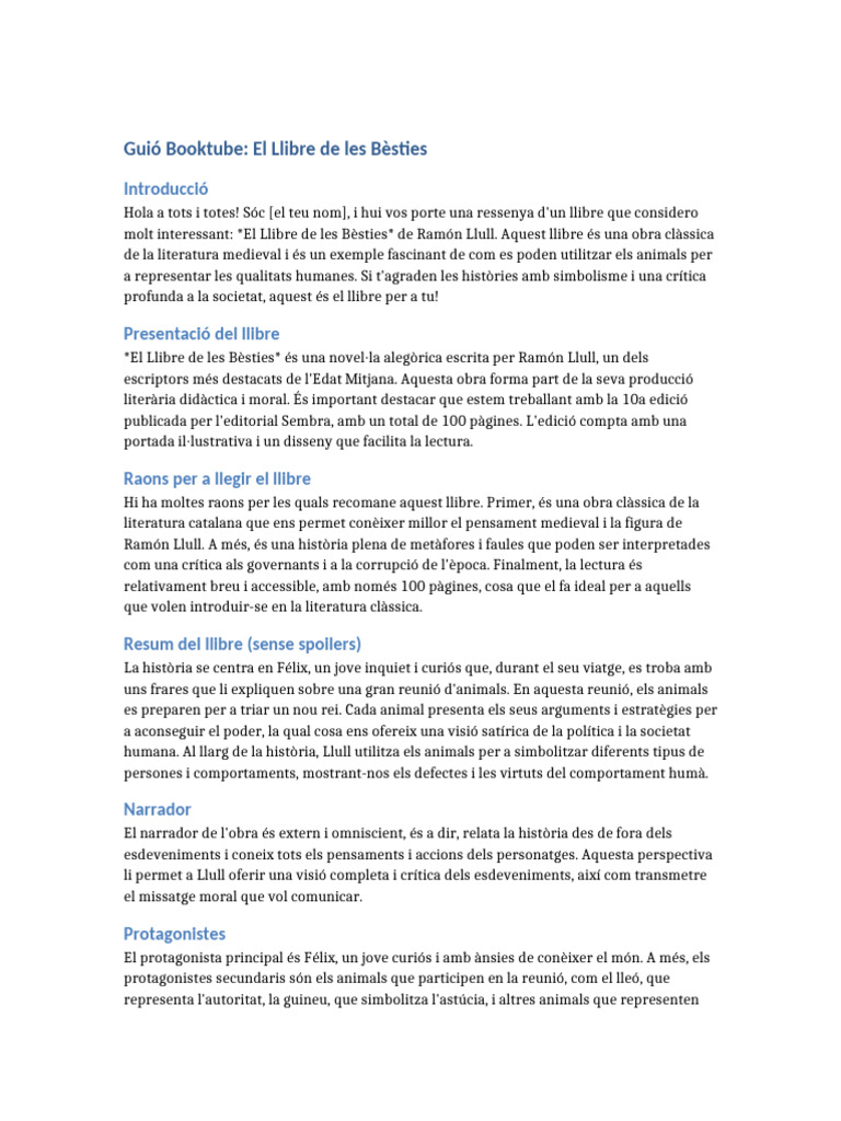 Guió Booktube El Llibre de Les Bèsties Extens | PDF