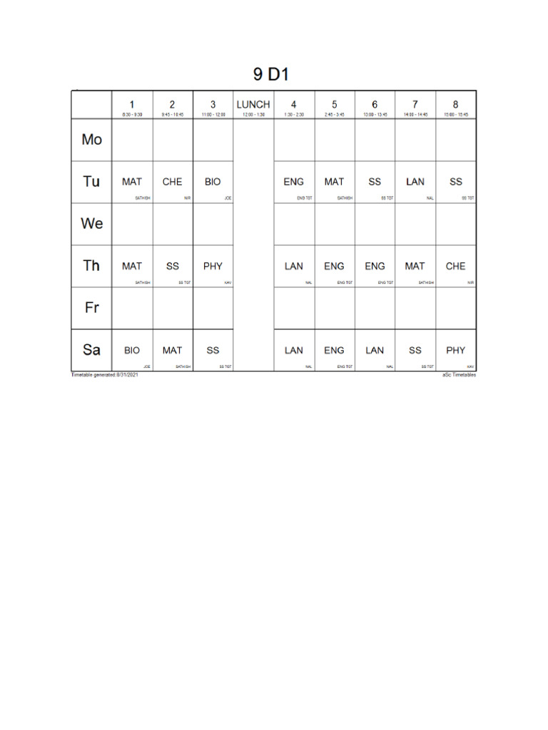9D1 - 9D2 Class Time Table | PDF