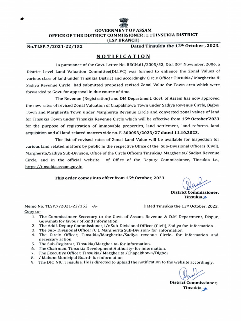 Notification For Zonal Valuation of Land W.E.F. 15 October 2023 | PDF