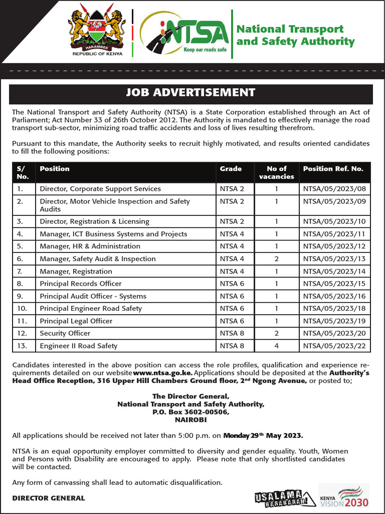 Ntsa Vacancy 20x3 | PDF | Transport | Justice