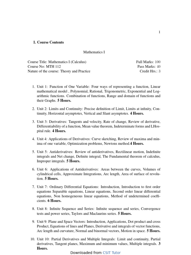 Mathematics I Course Outline: Calculus | PDF | Integral | Function ...