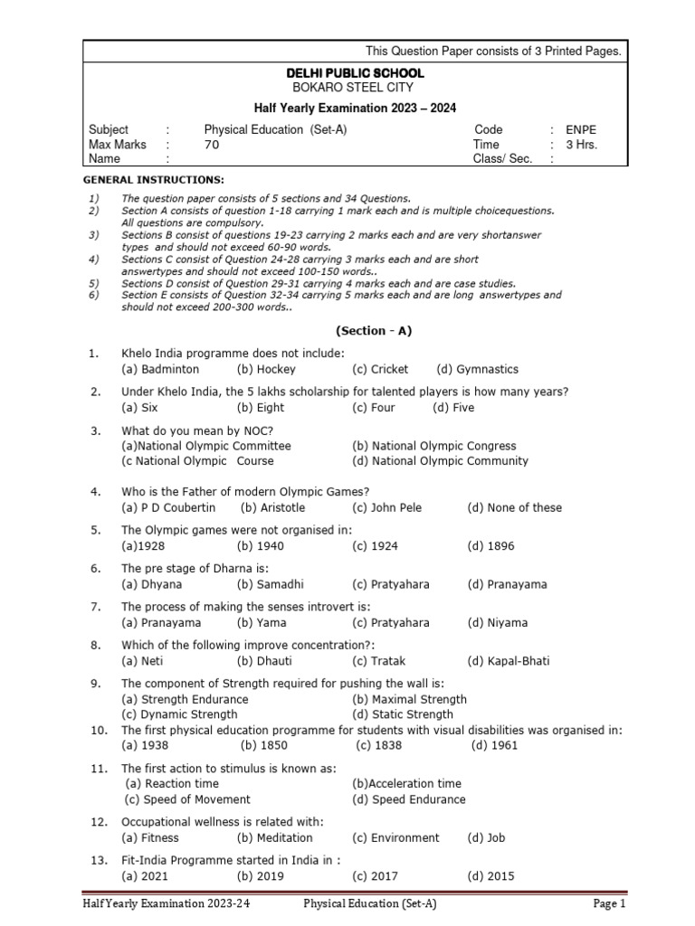SamplePaper-XI-Microsoft Word - 11 Physical Education Set-A-133675002029840441 | PDF | Olympic Games
