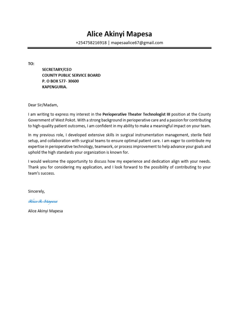 Alice Akinyi Mapesa - Appication Letter | PDF | Business | Social Science