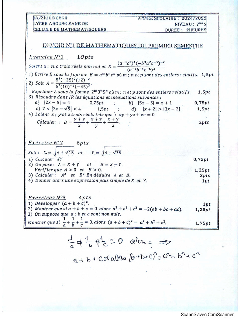 DEVOIR N°1 MATHS en 2nde S | PDF