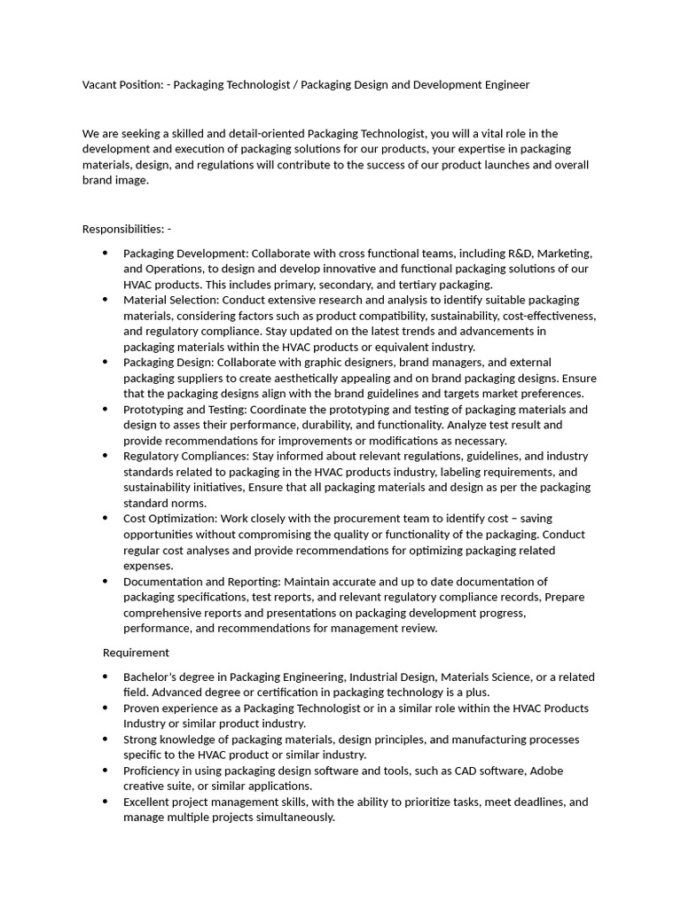 Required Position JD | PDF | Packaging And Labeling | Brand
