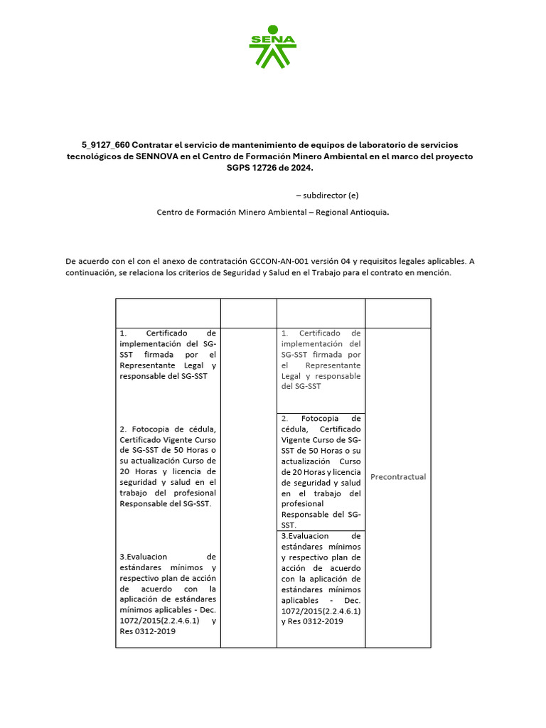Criterios SST - Mantenimiento Equipos Sennova Mc-Cfma-9127-009-2024 | PDF | Finanzas y dinero ...