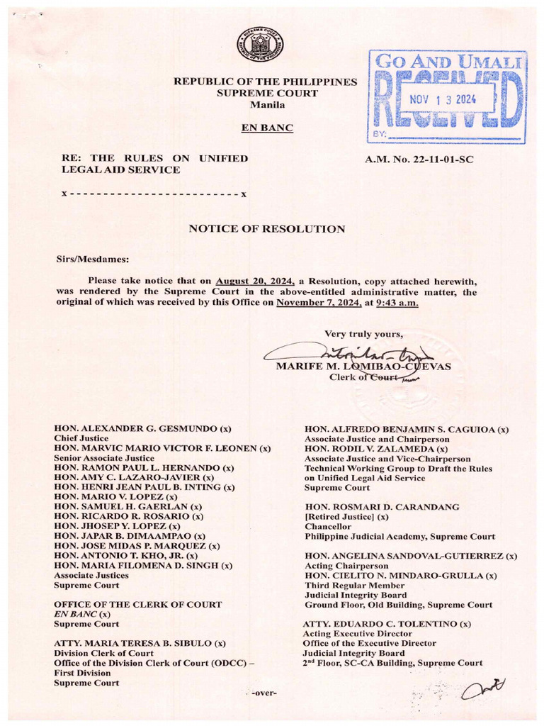 SC Resolution Re. The Rules On Unified Legal Aid Service Dated 08.20. ...