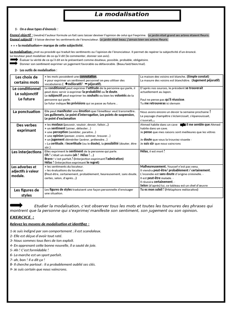 Exercices sur la modalisation 1 Bac | PDF | Phrase | Linguistique