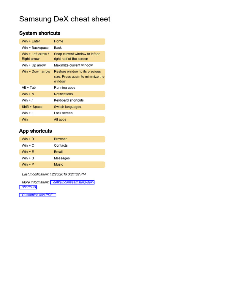 Samsung Dex Shortcuts | PDF