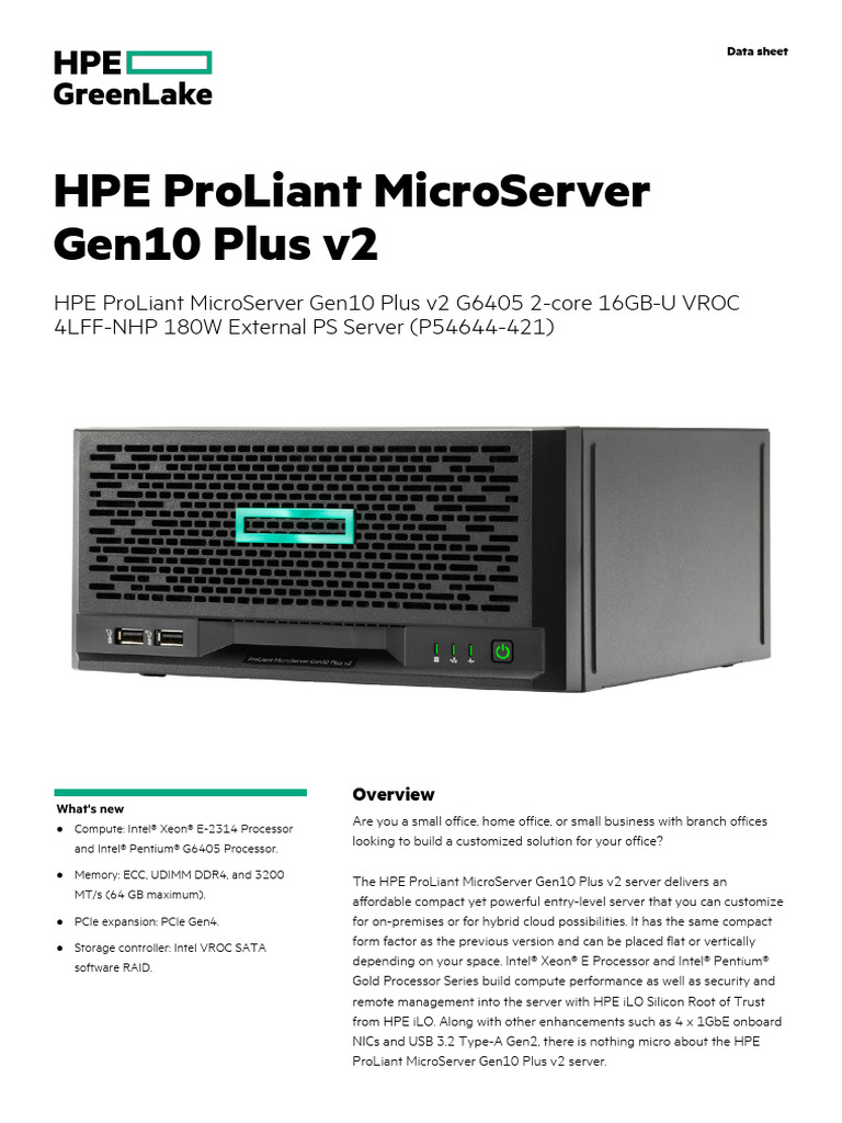 HPE ProLiant MicroServer Gen10 Plus v2 G6405 2-Core 16GB-U VROC 4LFF ...