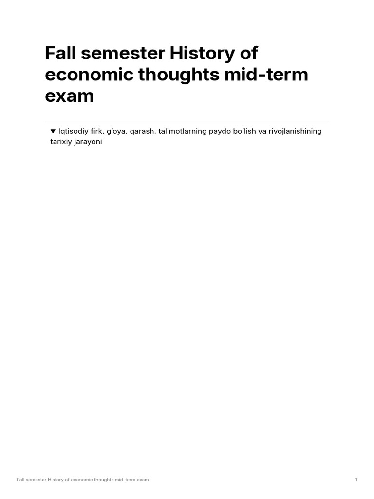 Fall Semester History of Economic Thoughts Mid-Term Exam | PDF