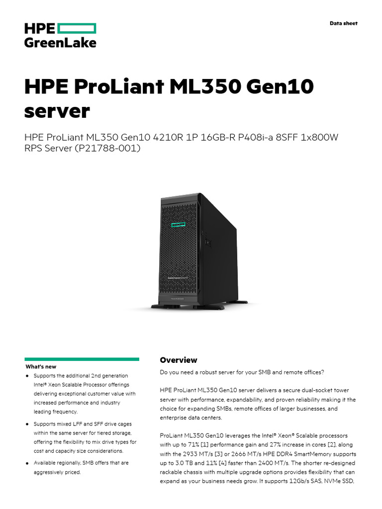 HPE ProLiant ML350 Gen10 4210R 1P 16GB-R P408i-A 8SFF 1x800W RPS Server ...