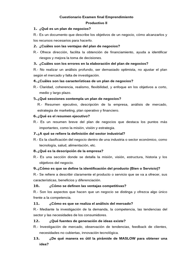 Cuestionario Examen Emprendimiento Productivo II MARLENE | PDF | Plan de negocios | Producto ...