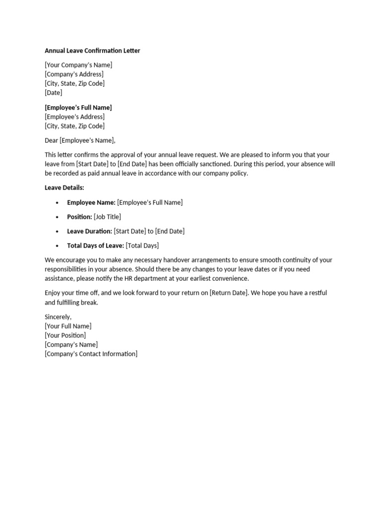 Annual Leave Confirmation Letter | PDF