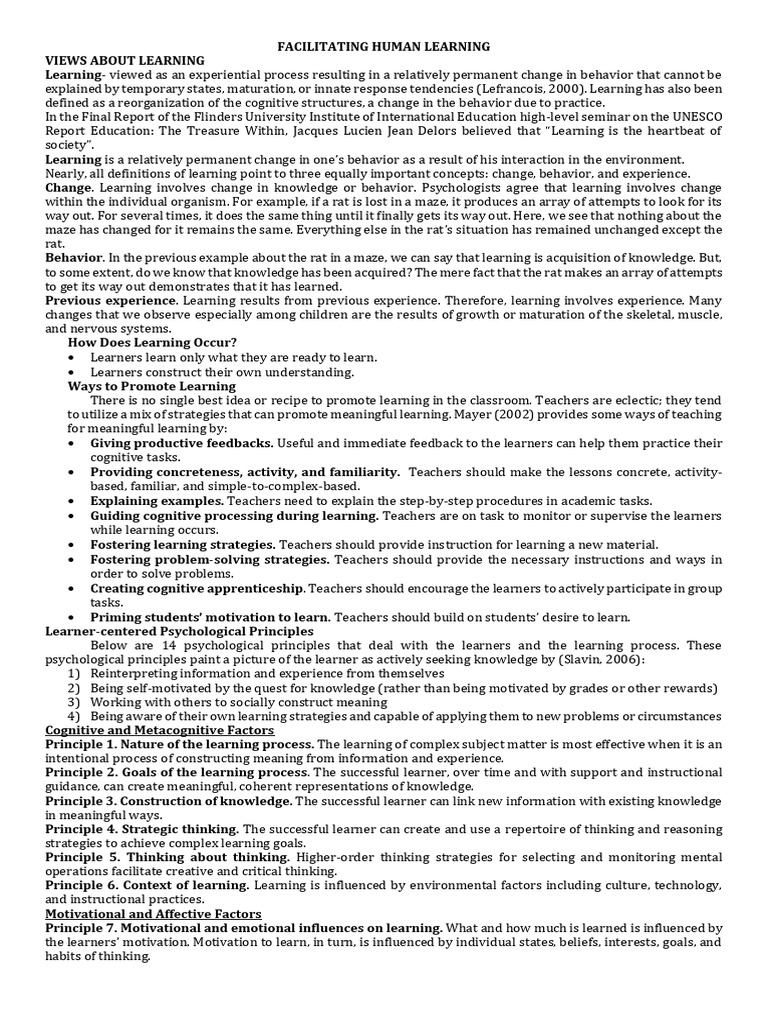 b - Facilitating Learning Handout | PDF | Reinforcement | Learning