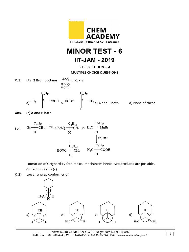 IIT-JAM Chemistry Test | PDF | Chirality (Chemistry) | Chlorine