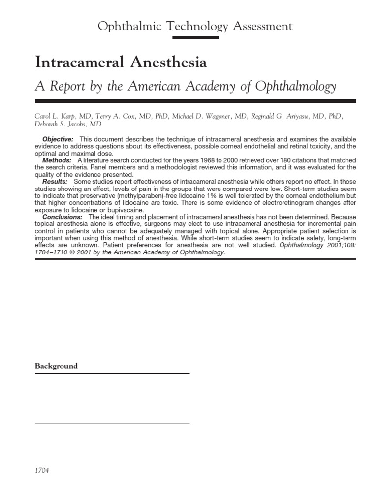Intracameral Anesthesia in Cataract Surgery | PDF | Anesthesia | Cornea