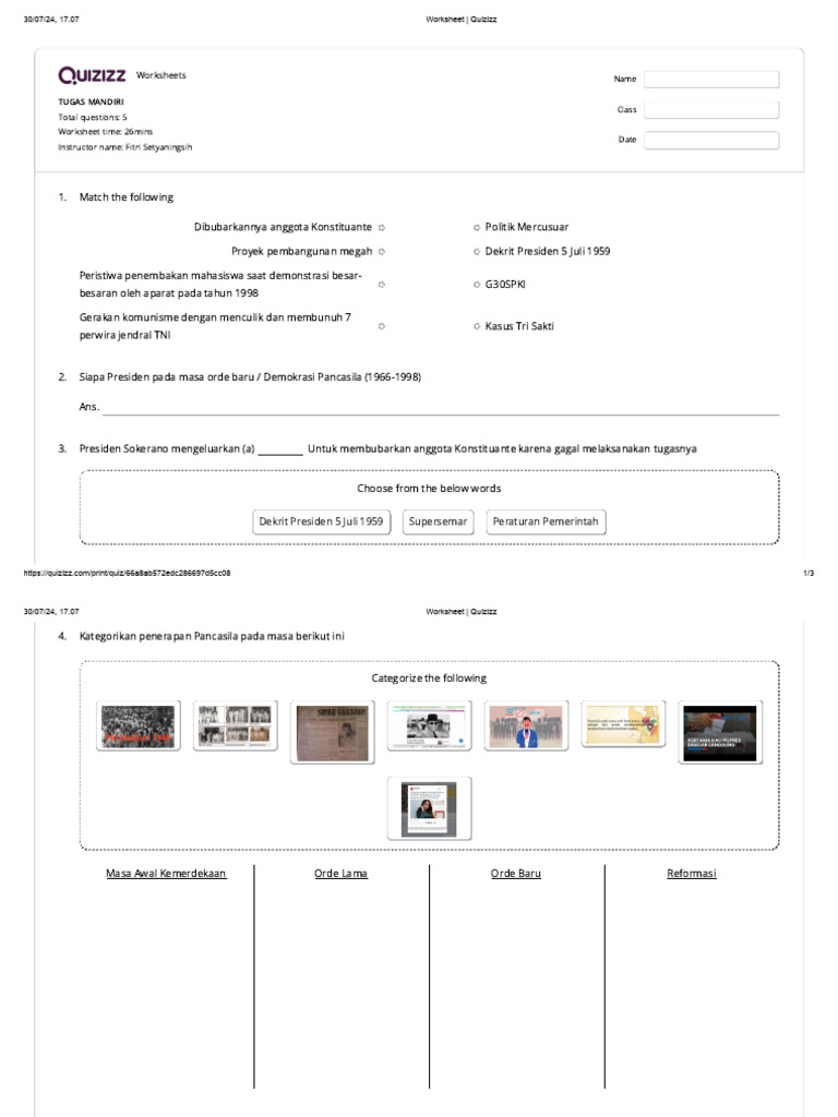 Jawaban Worksheet Quizizz Sejarah | PDF