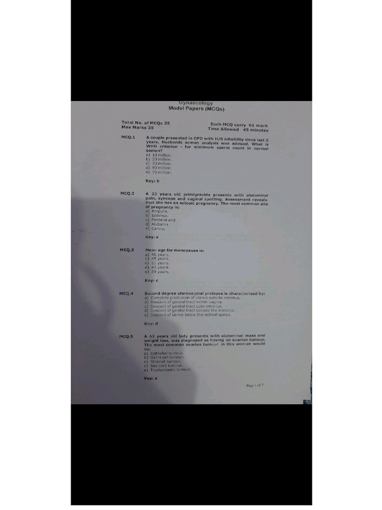 Gynaecology Model Papers (MCQS) With Keys | PDF