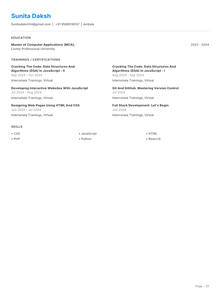 SunitaDaksh InternshalaResume | PDF