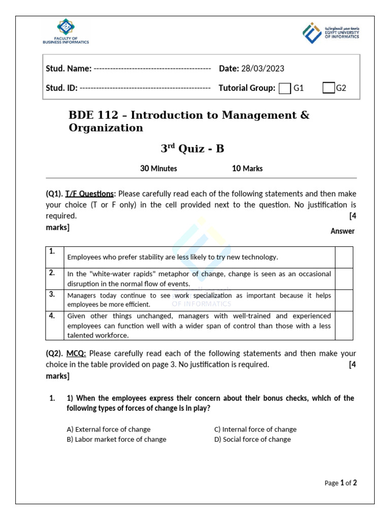 BDE 112 - Quiz 3 B | PDF | Business