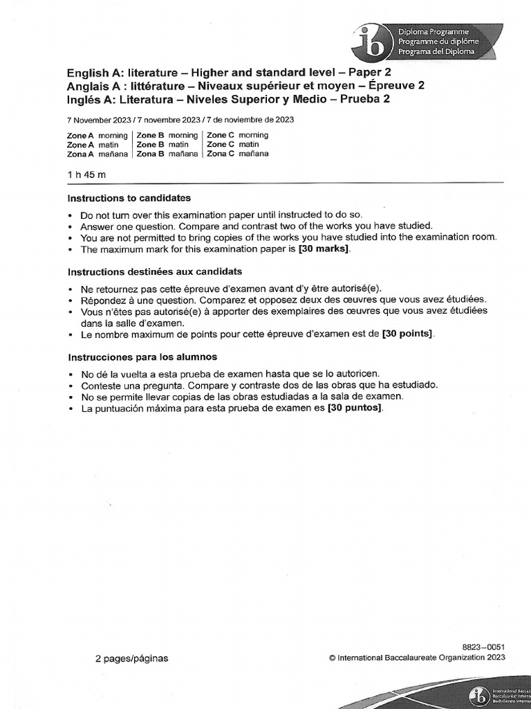 English A Literature Paper 2 TZ0 HL | PDF