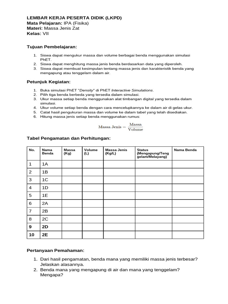 LKPD Massa Jenis Phet | PDF