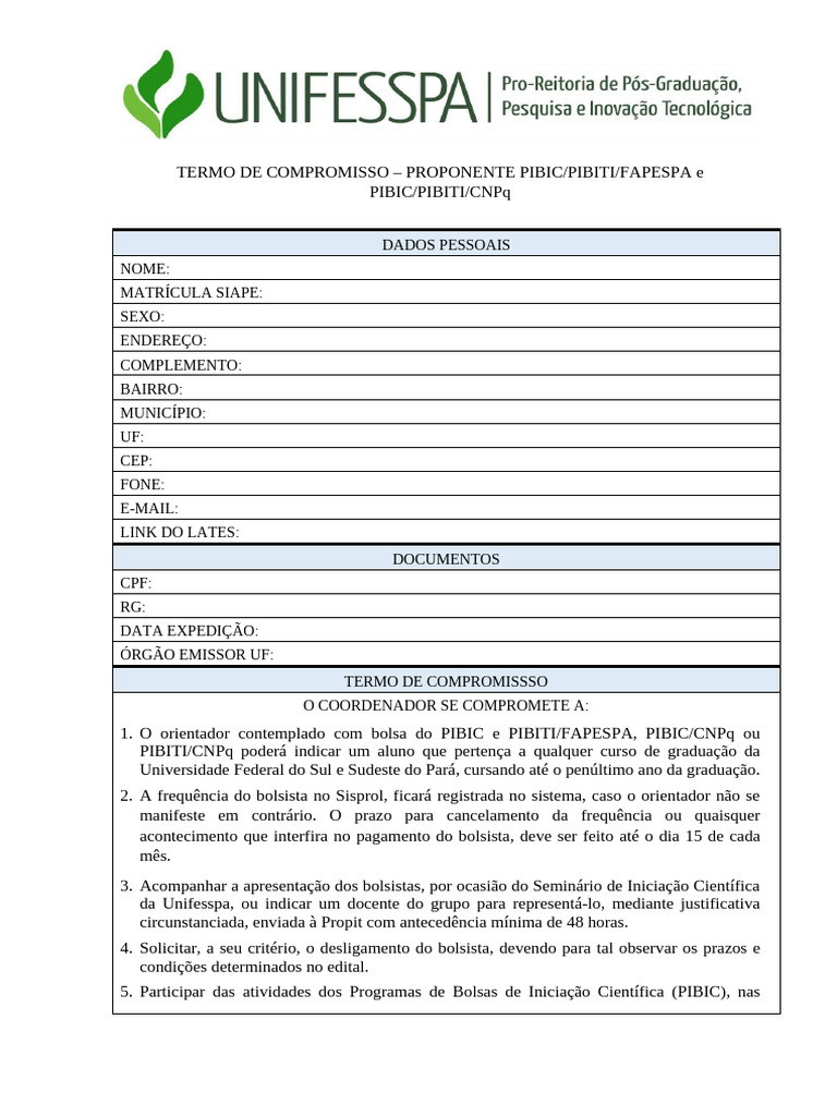 Termo de Compromisso PIBIC e PIBITI | PDF | Science