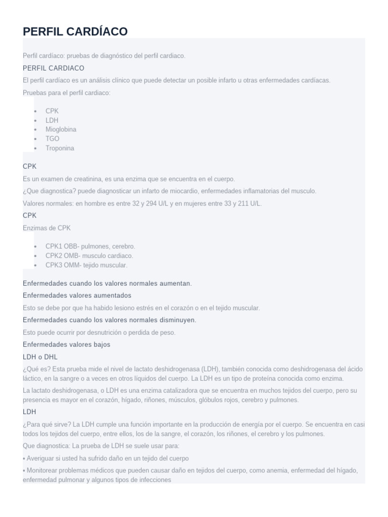 Pruebas del Perfil Cardíaco y Diagnósticos | PDF | Infarto de miocardio ...