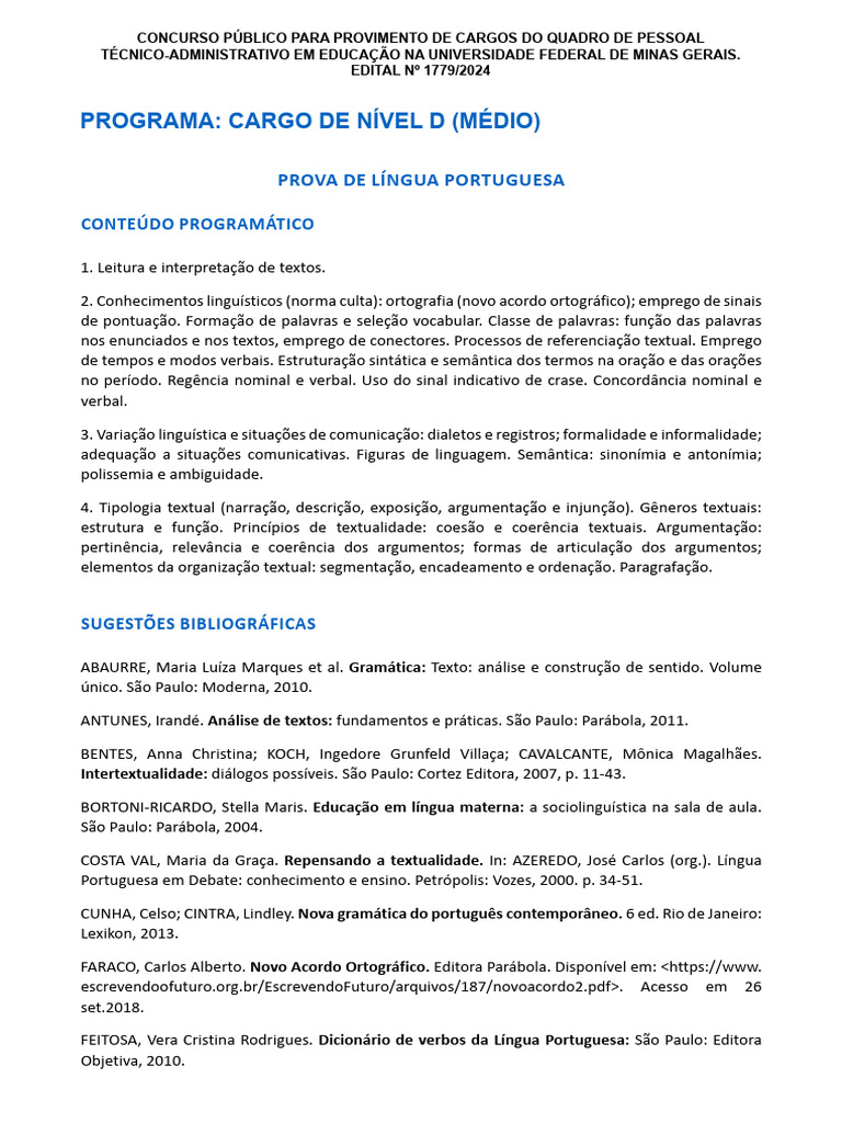 1-Conteudo Programatico Lingua Portuguesa Legislacao Nivel Medio-2024 ...