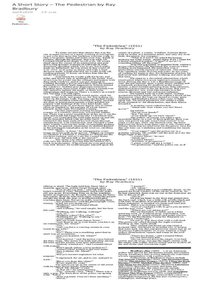 A Short Story - The Pedestrian by Ray Bradbury | PDF