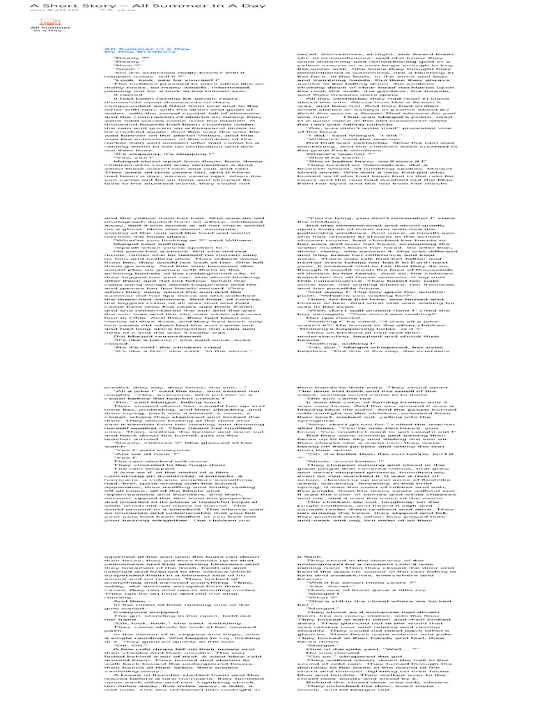 A Short Story - All Summer in A Day | PDF