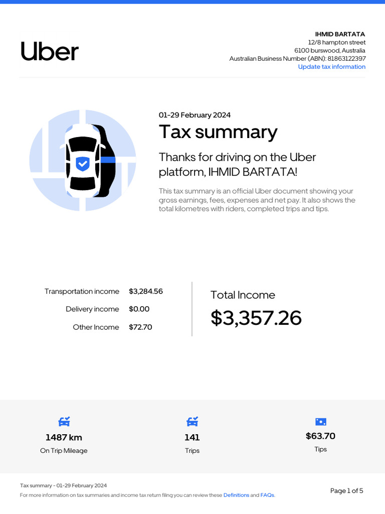 Uber Tax Summary for February 2024 | PDF | Taxes | Fee