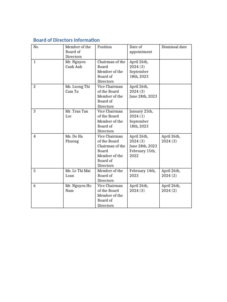 Board of Directors Overview 2024 | PDF