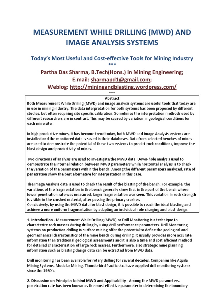 MEASUREMENT WHILE DRILLING (MWD) AND IMAGE ANALYSIS SYSTEMS Today's ...