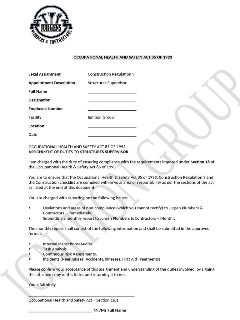 Structures Supervisor Compliance Duties | PDF | Occupational Safety And ...