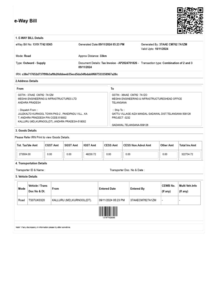 E-Way Bill System AP2024701826 | PDF