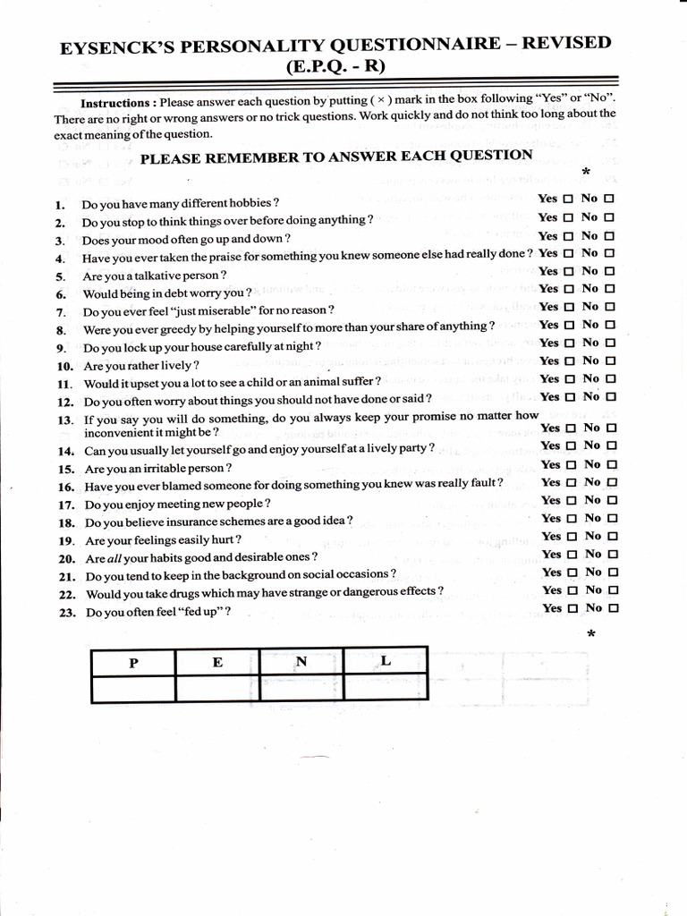 Eysenck's Personality Questionnaire | PDF