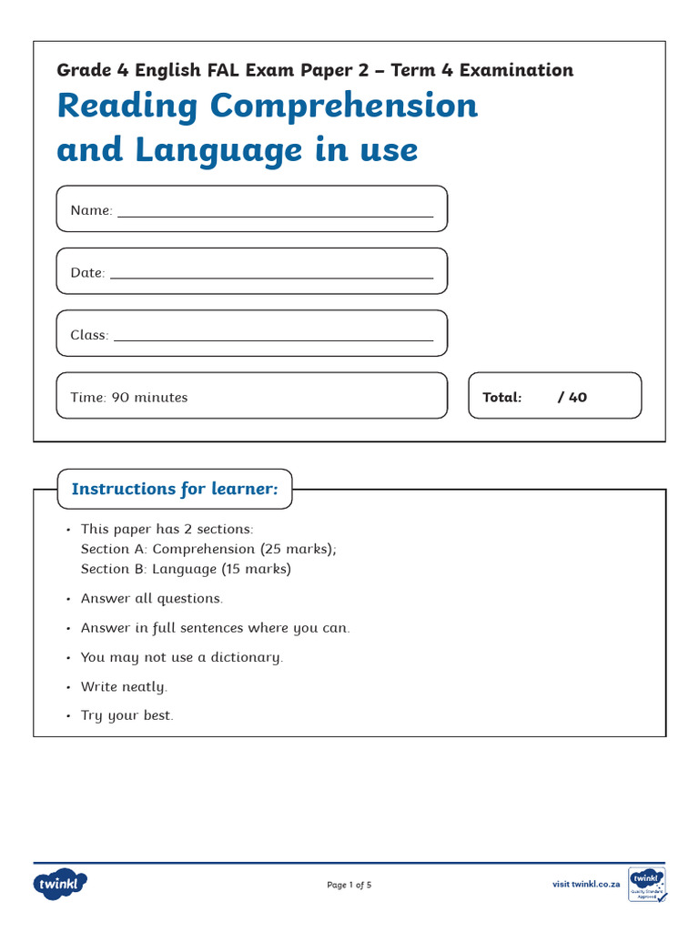 Za Fal 1722417894 Grade 4 English Fal Exam Paper Term 4 Examination ...