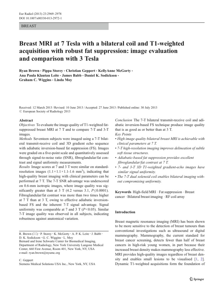 2013 - Er - Breast MRI at 7T With A Bilateral Coil and T1w Acquisition ...