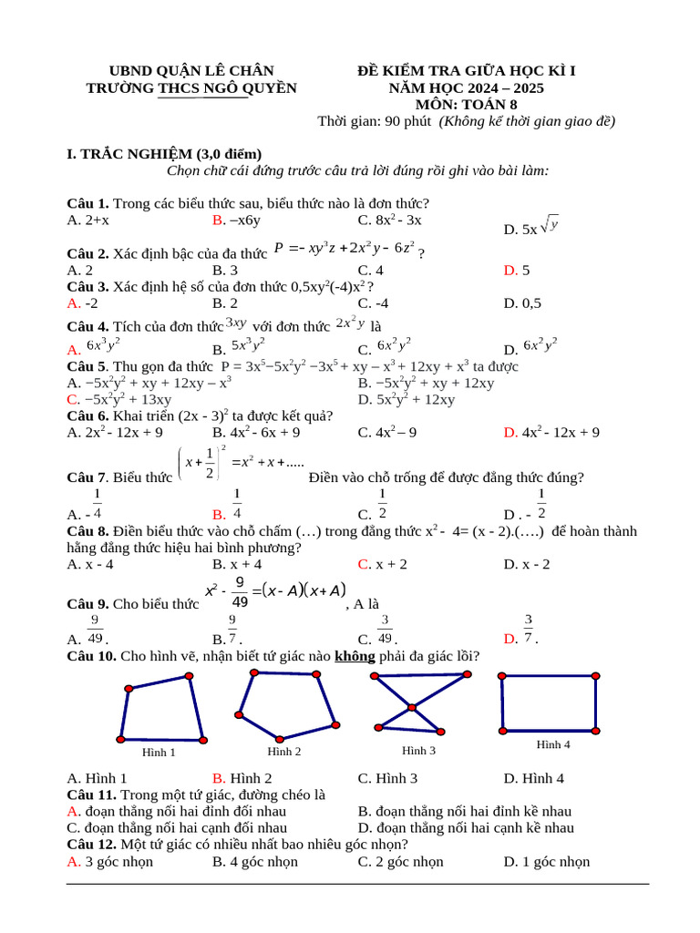 De Giua Hoc Ki 1 Toan 8 Nam 2024 2025 Truong Thcs Ngo Quyen Hai Phong | PDF