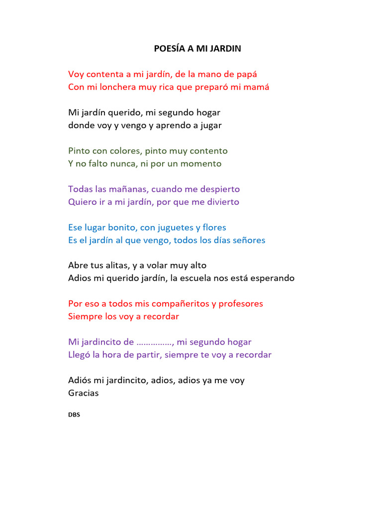 POESÍA A MI JARDIN - Por El Día de La Educación Inicial | PDF