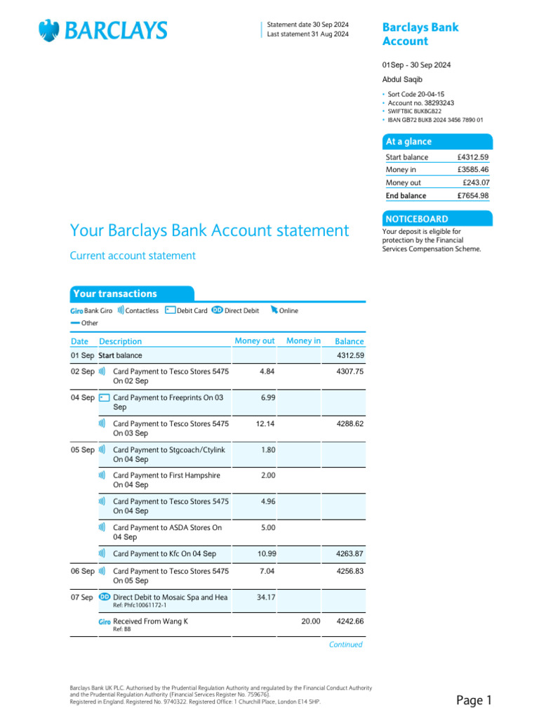 Barclays Bank Account Statement Summary | PDF | Overdraft | Payments