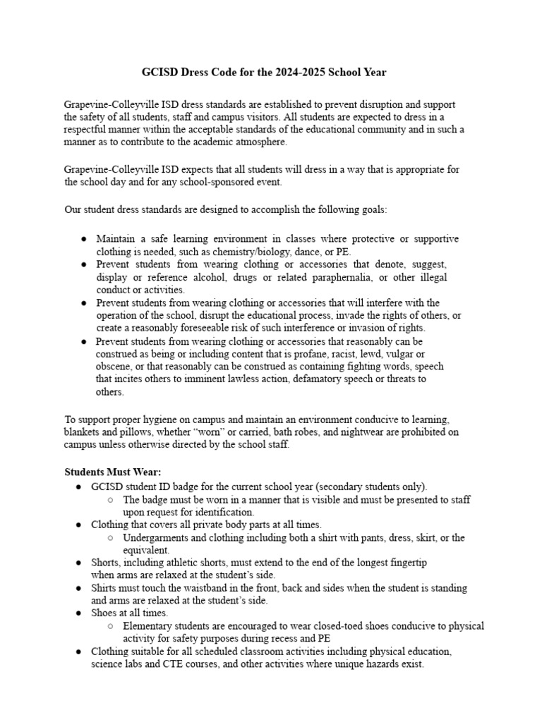 GCISD Dress Code 2024-2025 | PDF | Clothing | Trousers